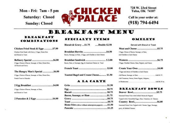 Menu at Chicken Palace restaurant, Tulsa