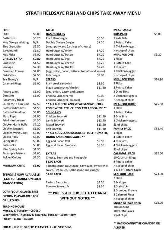 Menu at Strathfieldsaye Take-away Fish and Chips & Pizza pizzeria ...
