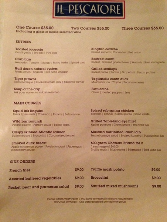 Carta del restaurante Il Pescatore, Port Douglas, Davidson St