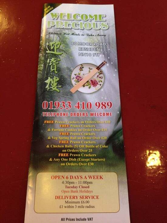Menu at Welcome Precious fast food, Rushden