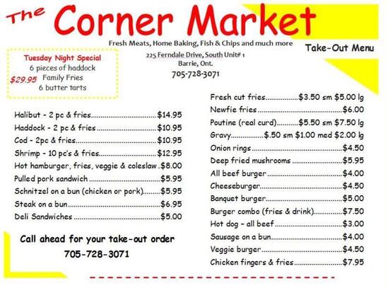 Menu at The Corner Market restaurant, Barrie