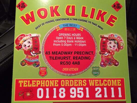 Menu at Wok U Like restaurant, Reading, 43 The Meadway Precinct