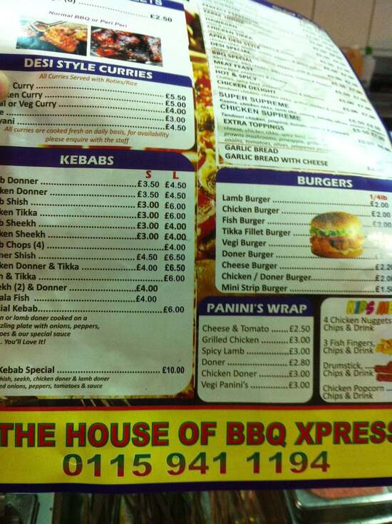 Menu at BBQ Express, Nottingham, 127 Sneinton Dl