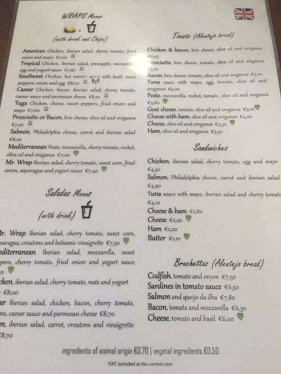 Menu at Lisbon Café - Belém, Lisbon