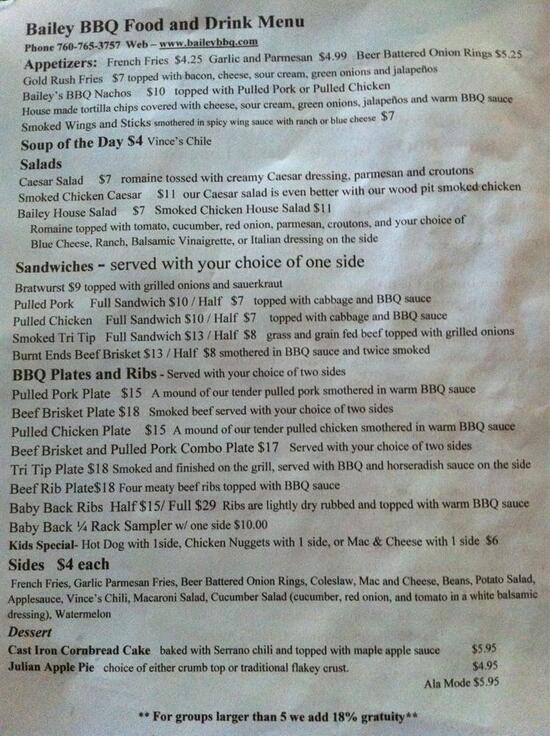 Menu at Bailey BBQ, Julian