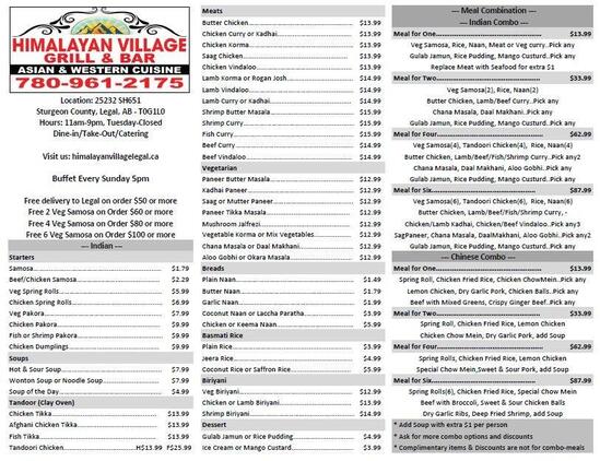 Menu at Himalayan Village Grill & Bar, Canada