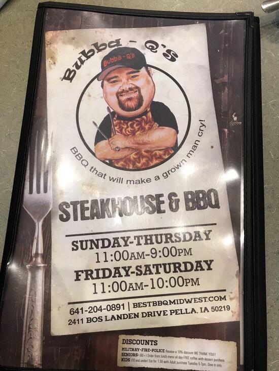 Menu at Bubba-Q's BBQ, Pella