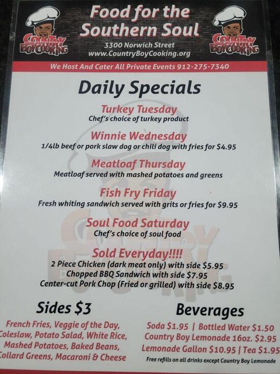Menu at Country Boy Cooking restaurant, Brunswick