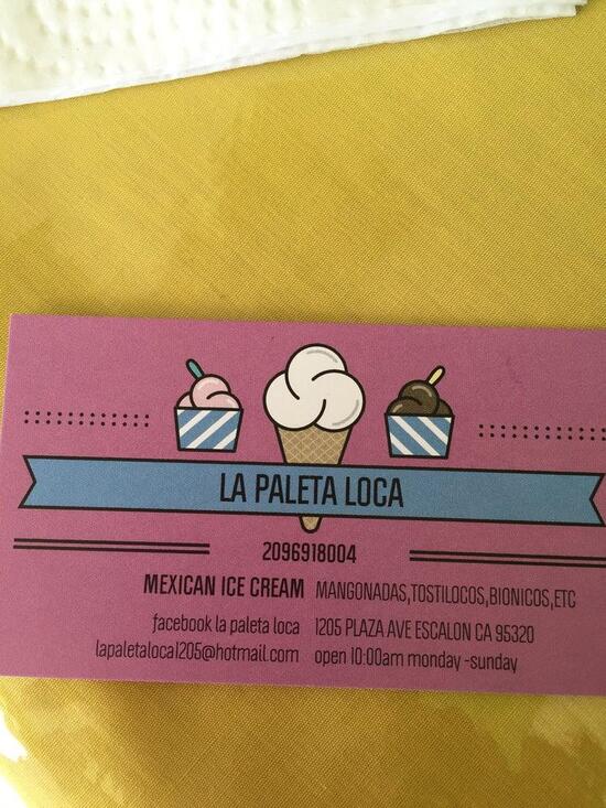 Menu at La Paleta Loca restaurant, Escalon