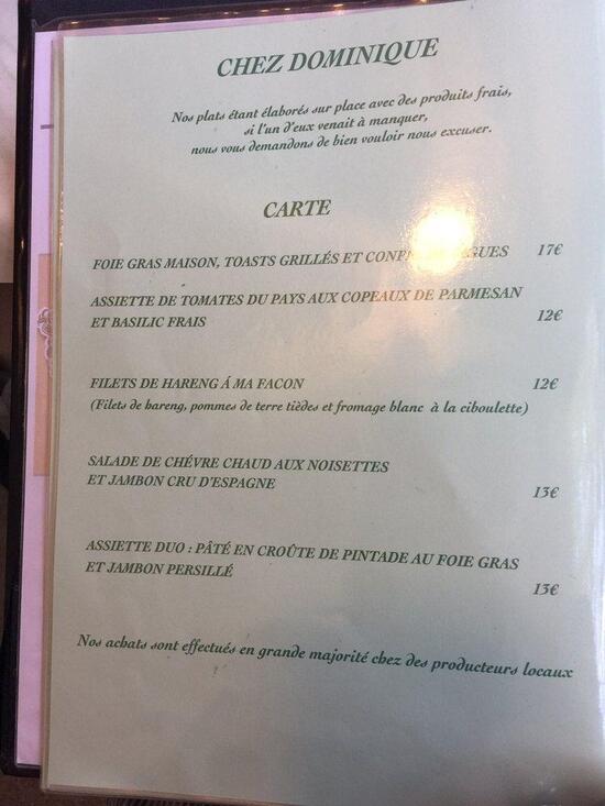 Menu at Chez Dominique restaurant, Fontaine-de-Vaucluse