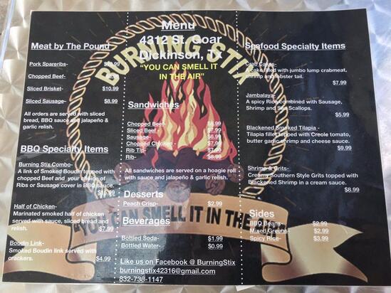 Menu at Burning Stix BBQ, Dickinson, St Goar St