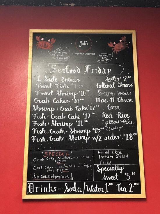 Menu at Jab's restaurant, Goose Creek