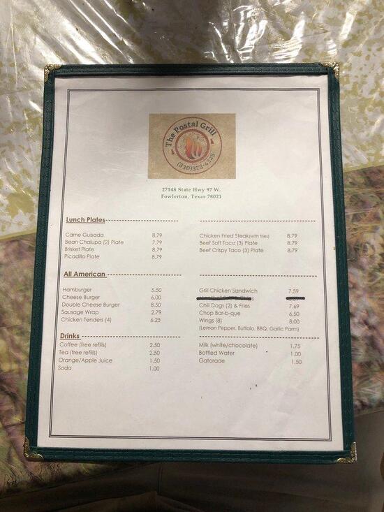 Menu at The Postal Grill restaurant, Fowlerton, TX-97