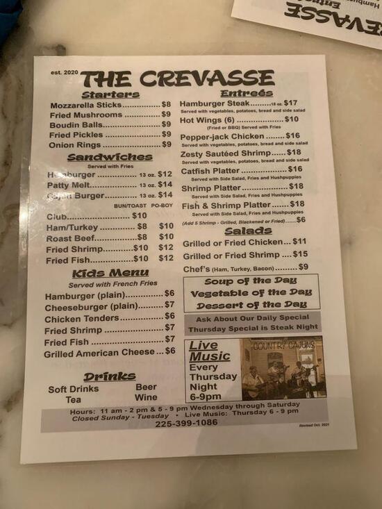 Menu at Crevasse Restaurant, Convent