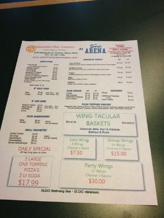 Menu at Waterfront Pizza Company pizzeria, Hermon