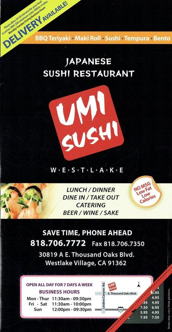 Menu at Umi Sushi restaurant, Westlake Village