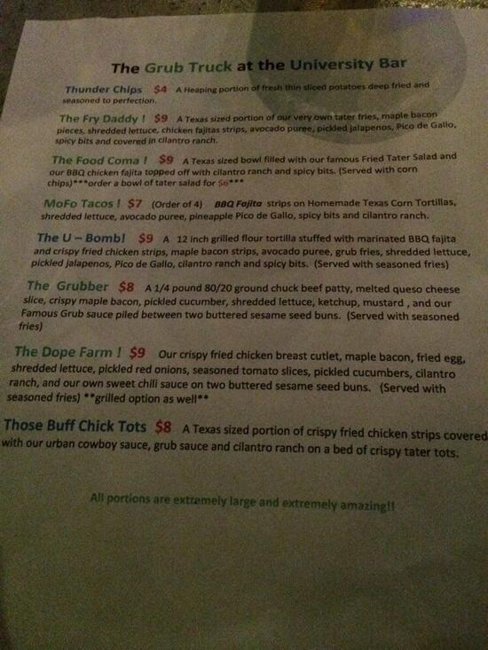 Menu at University Bar & Grill, Corpus Christi