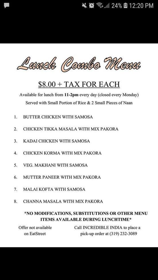 Menu at Incredible India restaurant, Waterloo, University Ave