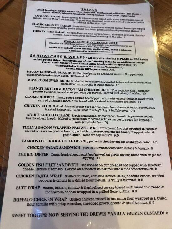 Menu at Tully's Taproom pub & bar, O'Fallon