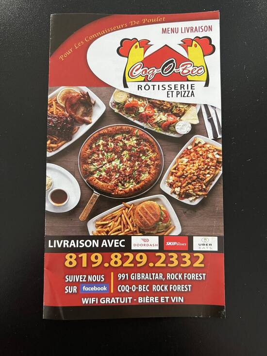 Menu au Coq-o-bec rock forest restaurant, Sherbrooke
